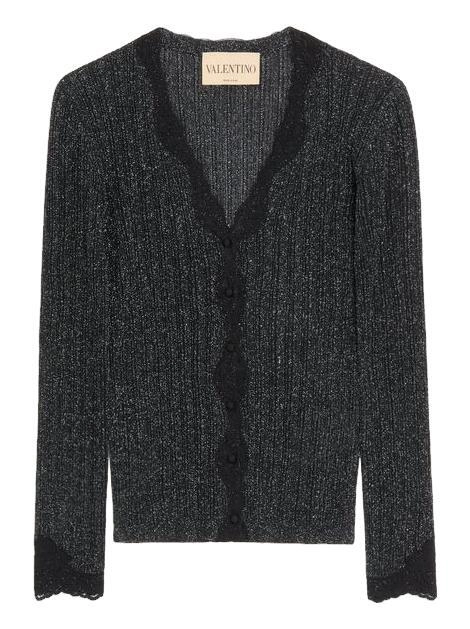 Valentino Garavani Lurex Knit Cardigan With Lace Trim - Black/silver