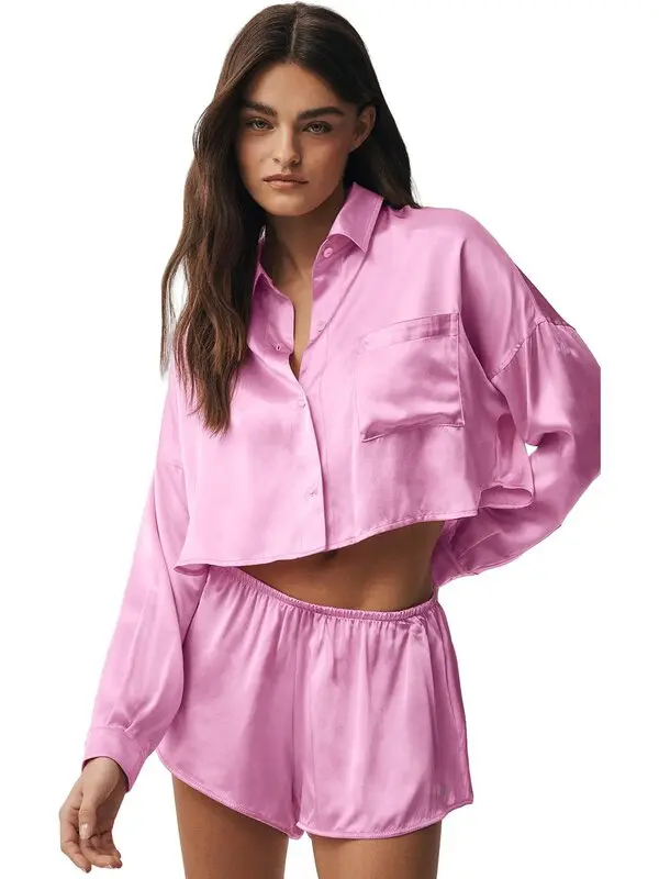 Alo Yoga Silk Luminous Cropped Button Down Shirt - Candy Heart Pink