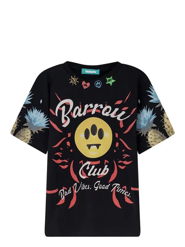 BARROW Cotton Tshirt With Multicolor Front Print - Black