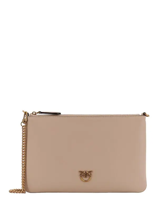 Pinko Flat Love Leather Shoulder Bag - Beige