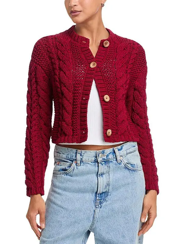 Aqua Chunky Tape Yarn Cable Knit Cardigan - Sangria