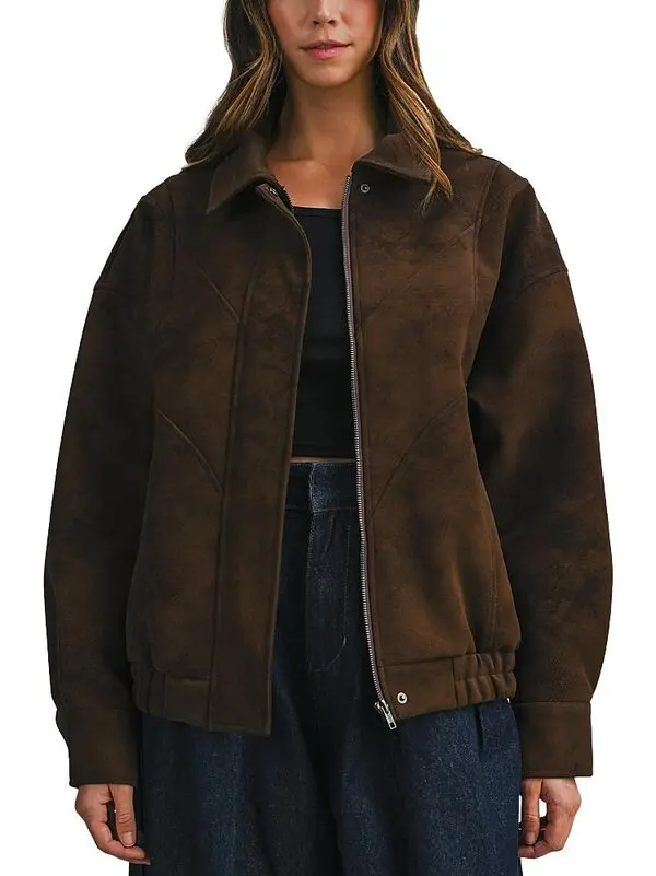 LUVEE Oversized Faux Suede Bomber Jacket - Brown