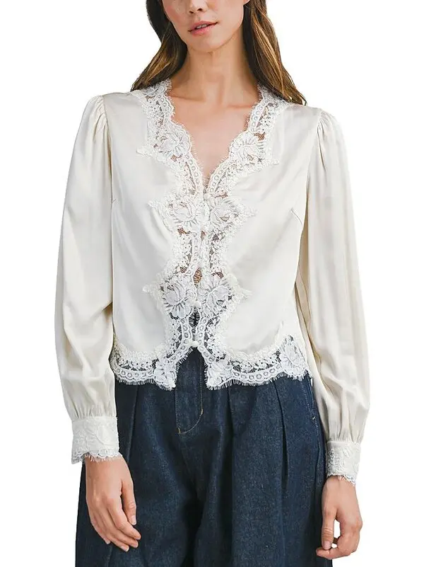 LUVEE Lace Trim Long Sleeve Blouse - Cream