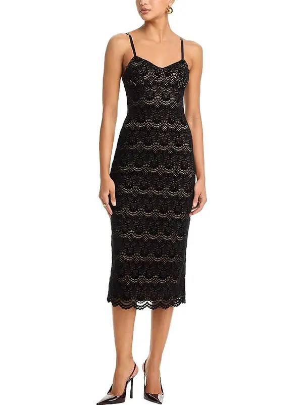 Aqua Scallop Stretch Lace Midi Dress - Black