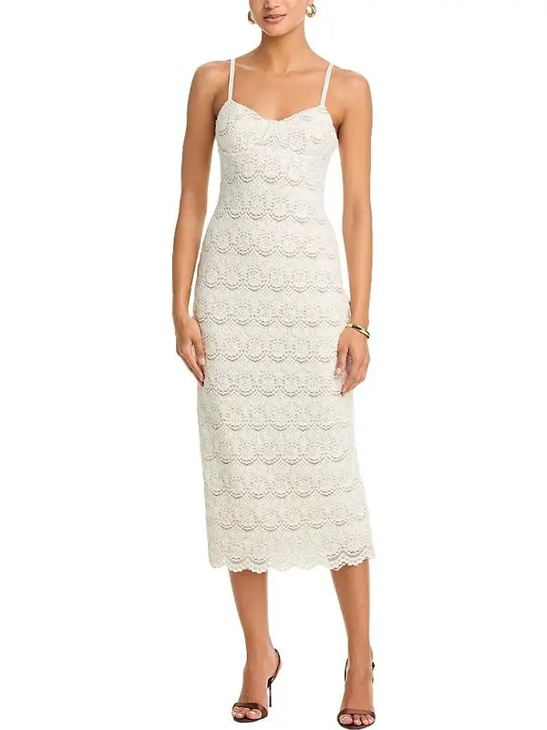 Aqua Scallop Stretch Lace Midi Dress - White