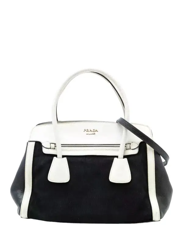 Prada Bicolor Saffiano Trimmed Canvas Satchel - Black