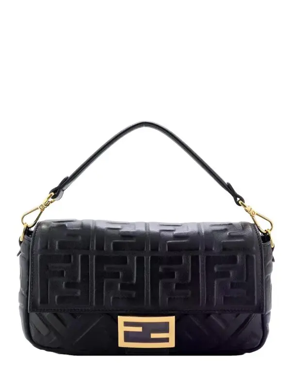 Fendi Baguette Nm Bag Zucca Embossed Leather Medium Crossbody Bag - Black