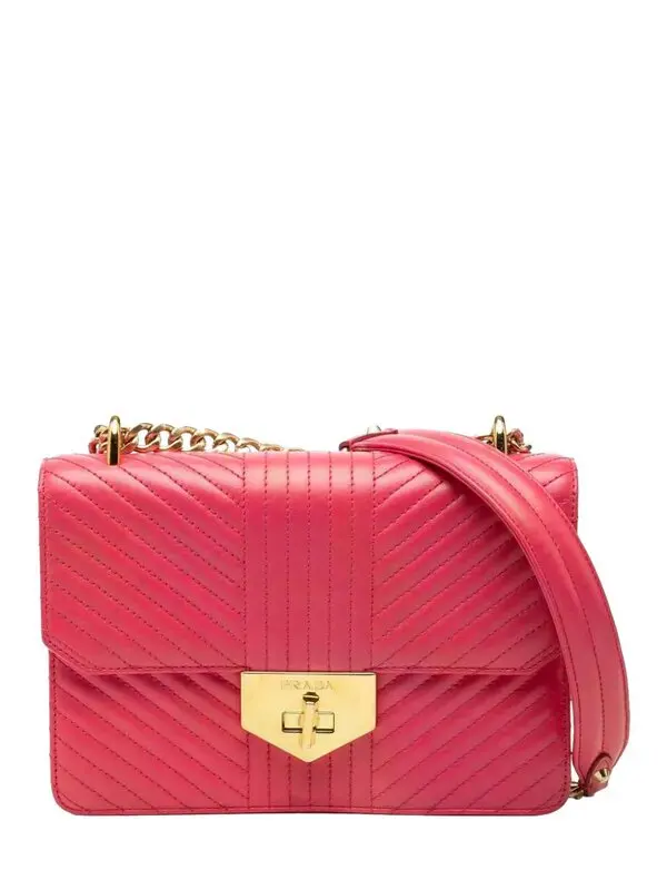 Prada Soft Calf Chevron Impunture Turn Lock Chain Crossbody Bag - Pink