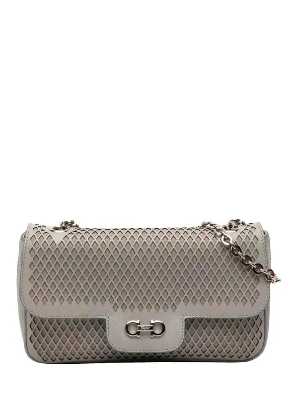 FERRAGAMO Perforated Leather Gancini Luciana Chain Flap Shoulder Bag - Grey