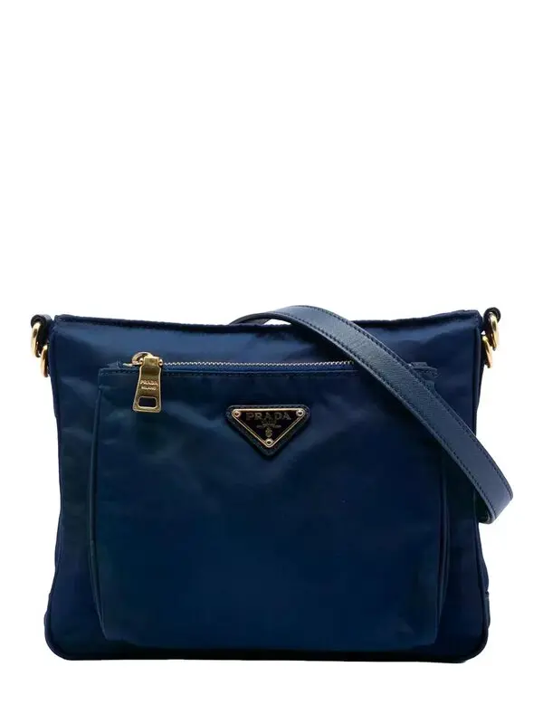 Prada Saffiano Trimmed Tessuto Crossbody Bag - Blue