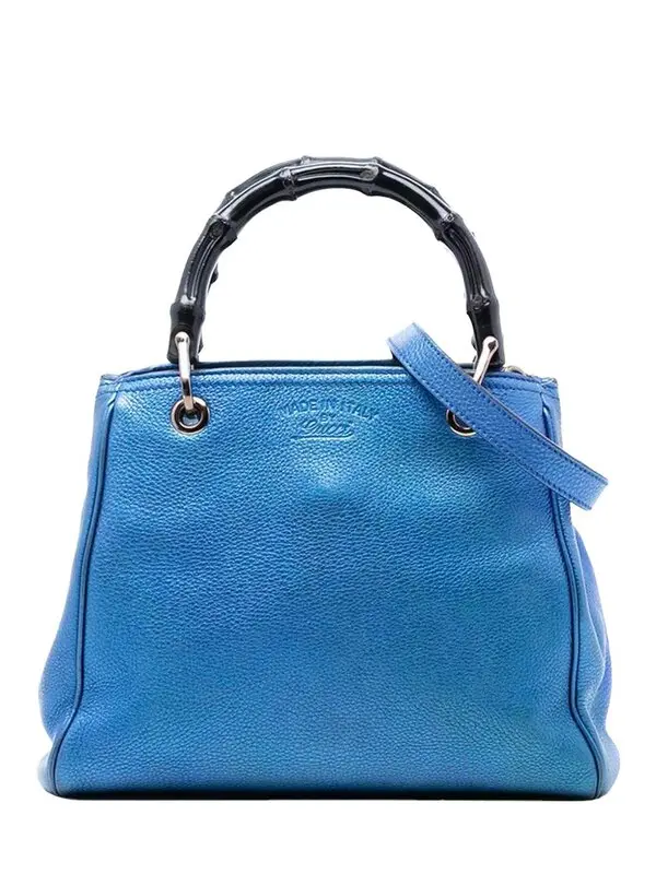 Gucci Small Metallic Calfskin Bamboo Shopper Satchel - Blue