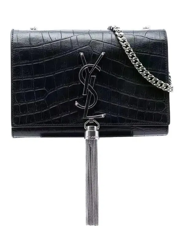 Saint Laurent Small Croc Embossed Monogram Kate Tassel Crossbody Bag - Black
