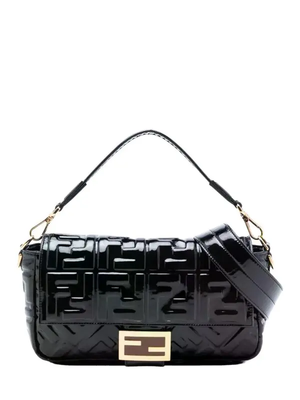 Fendi 2000-2010 Medium Zucca Embossed Patent Baguette Satchel - Black