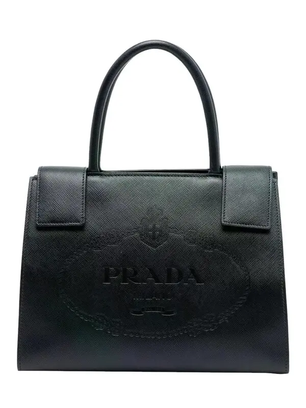 Prada Saffiano Lux Embossed Logo Convertible Tote Satchel - Black