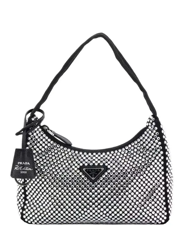 Prada Re-edition 2000 Crystal Embellished Satin Mini Hobo Bag - Black