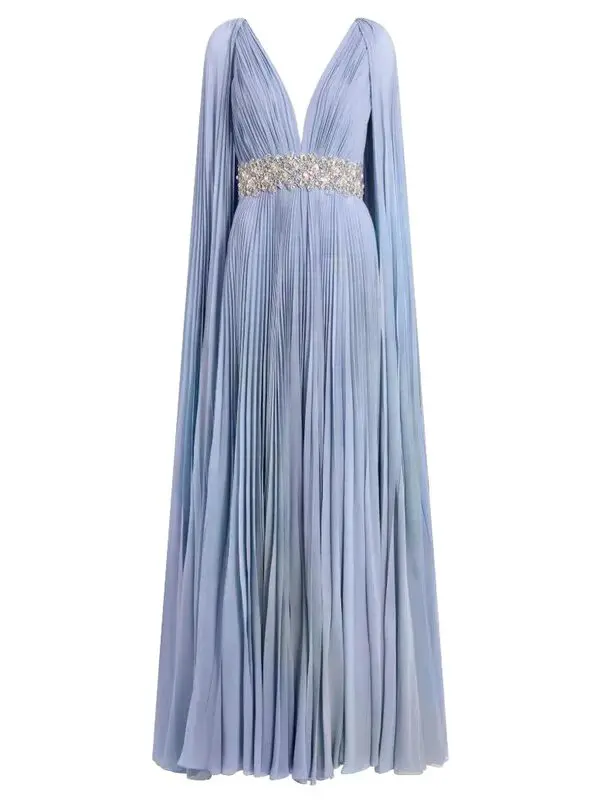 Jenny Packham Embellished-waist Pleated Maxi Dress - Blue