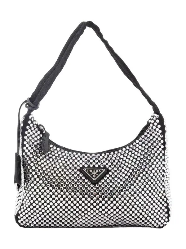 Prada Re-edition 2000 Crystal Embellished Satin Mini Hobo Bag - Black
