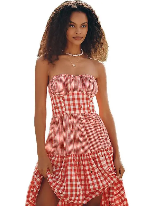 CELANDINE Strawberry Fields Strapless Waisted Dress - Red Berry