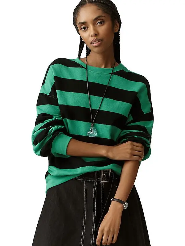 LETLUV Striped Long-sleeve Crew-neck Pullover - Green Stripe