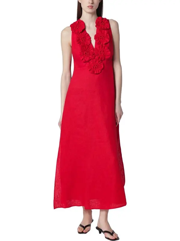 Farm Rio Linen Dress With Floral Appliqués - Red