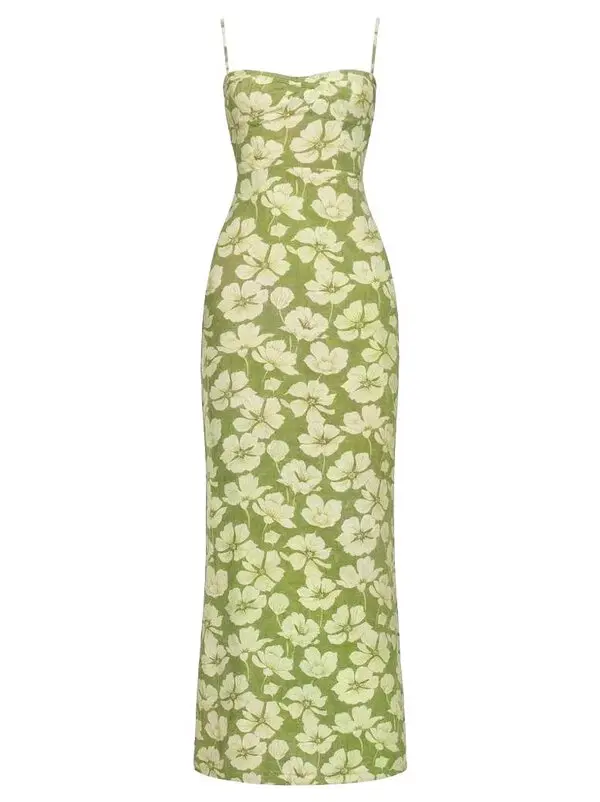 REFORMATION Floral-print Front-slit Midi Dress - Green