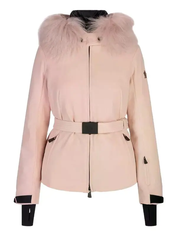 Moncler Fur Trim Hooded Belted Coat - Pink
