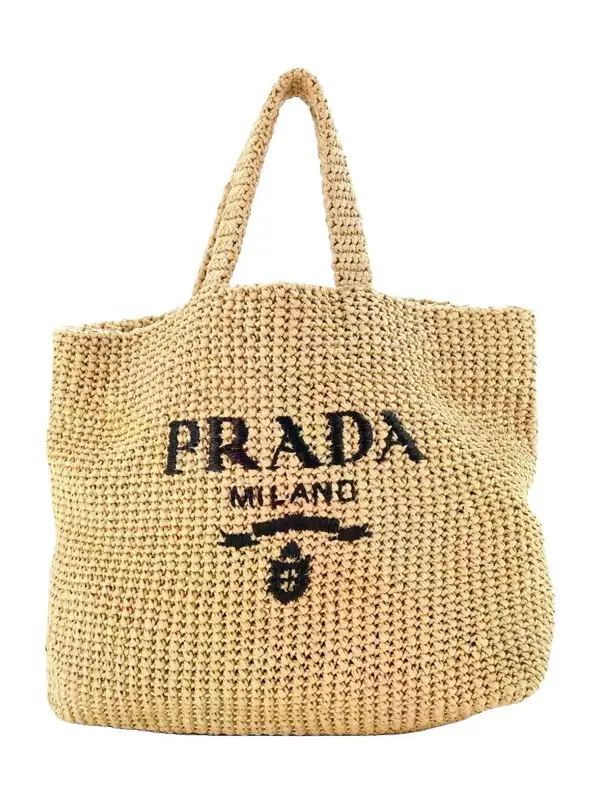 Prada Logo Raffia Medium Tote Bag - Neutrals