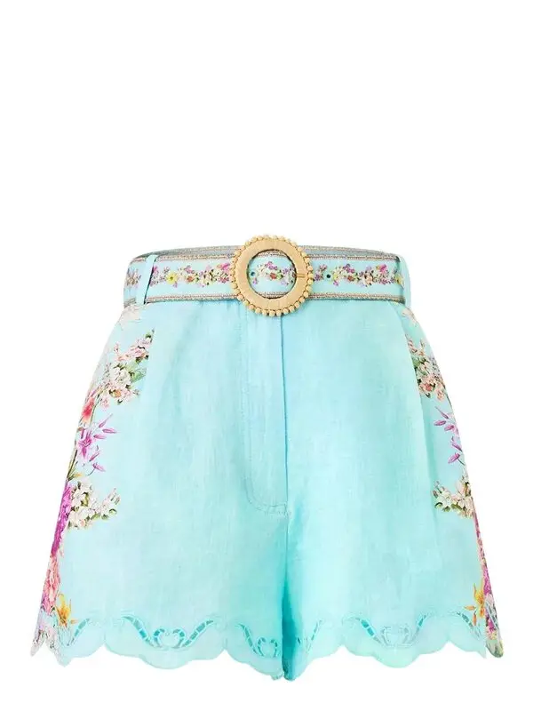 Camilla Floral Print Tuck Front Shorts - Blue