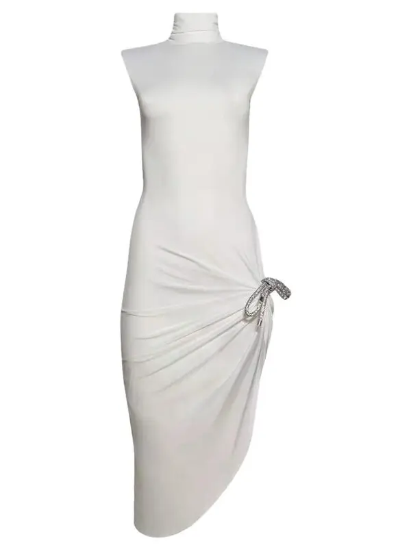 AREA Crystal-knot Draped Midi Dress - White