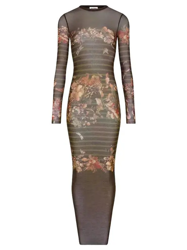 Jean Paul Gaultier Marini Re Grape Striped Floral Mesh Maxi Dress - Brown