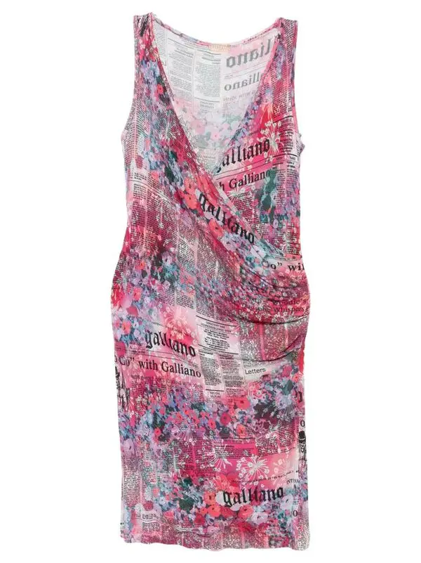 John Galliano Floral And Newspaper Print Mini Dress - Pink