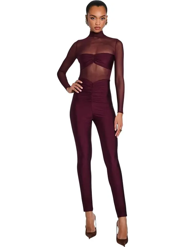 SEROYA Brietta Bandeau Mesh Catsuit - Merlot