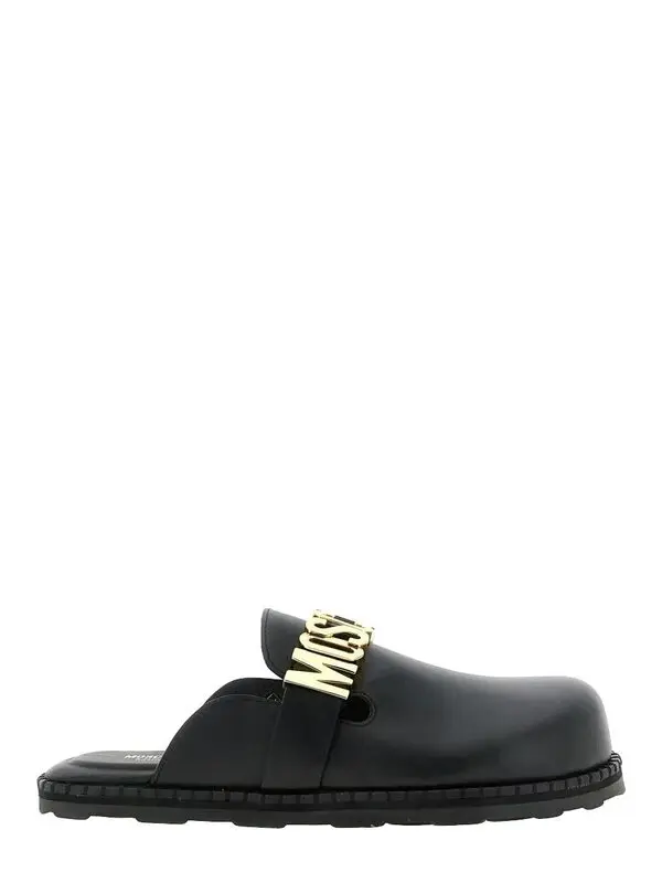 Moschino Metal-lettering Leather Mules - Black