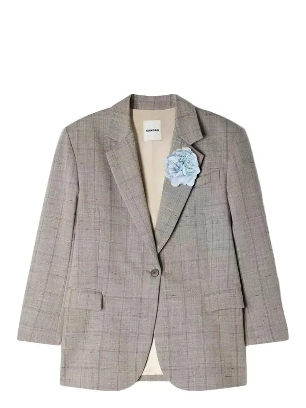 Sandro Flower-brooch Checked Blazer - Grey