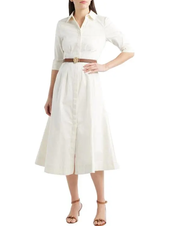 Anne Klein Elbow Sleeve Stretch Cotton Shirtdress - White Dove