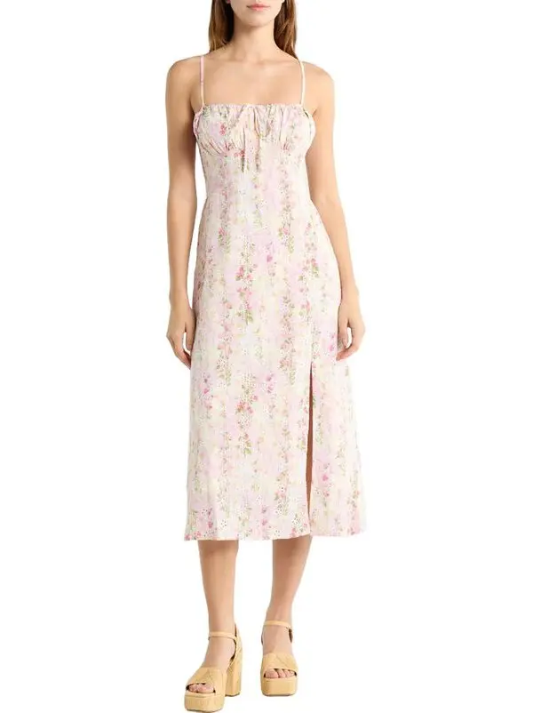 ALL IN FAVOR Floral Eyelet Corset Midi Sundress - Cream Pink