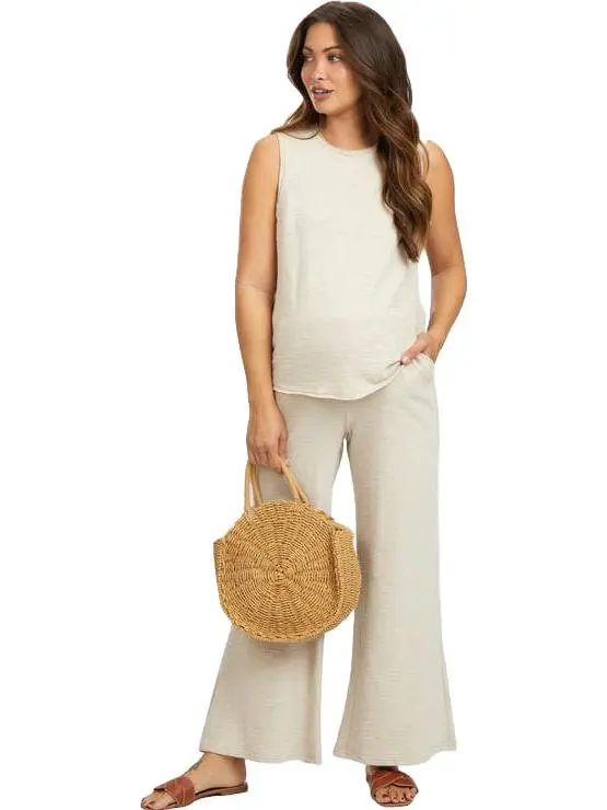 PINKBLUSH Slub Knit Maternity Pants Set - Beige