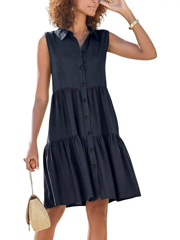 LASCANA Sleeveless Tiered Shirt Dress - Navy