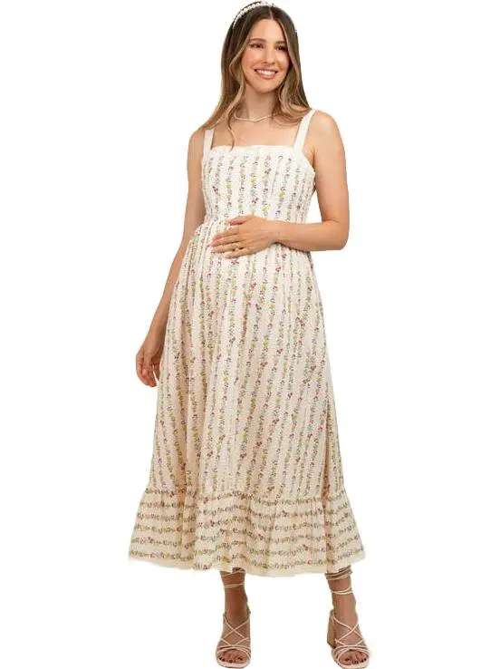 PINKBLUSH Floral Textured Cotton Lace Trim Maxi Dress - Cream