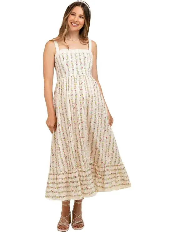 PINKBLUSH Floral Textured Cotton Lace Trim Maxi Dress - Cream