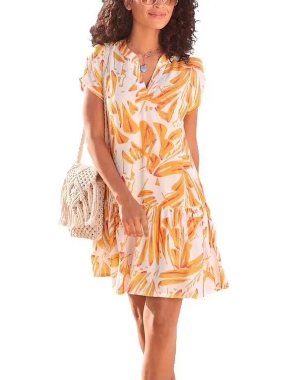 LASCANA Notch Neck Flounce Hem Shift Dress - Sand Multi