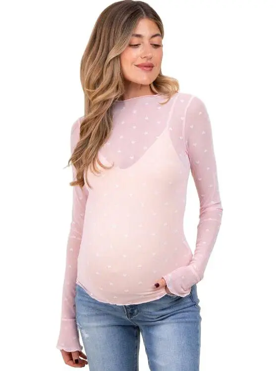 PINKBLUSH Mesh Heart High Neck Long Sleeve Top - Light Pink