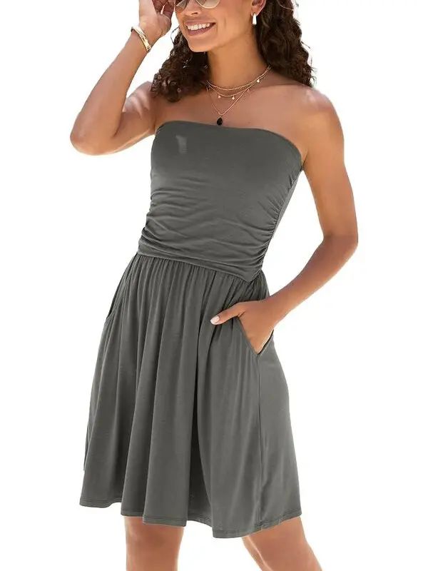 LASCANA Strapless Ruched Mini Dress - Olive