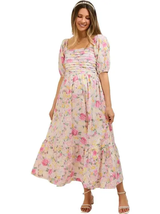 PINKBLUSH Floral Pleated Puff Sleeve Midi Dress - Lavender