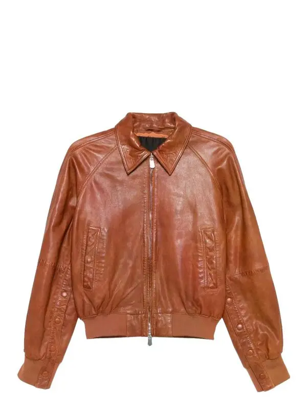 Pinko Collared Leather Jacket - Brown