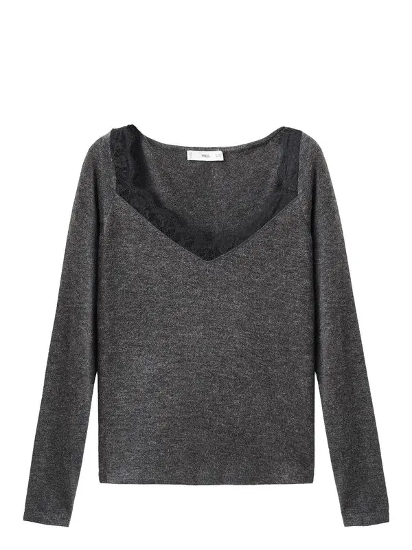 Mango Lace Trim Long Sleeve Top - Medium Heather Grey