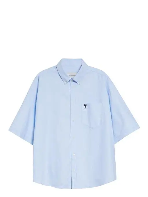 Ami De Coeur Embroidered Boxy Cotton Poplin Button-up Shirt - Bleu Ciel