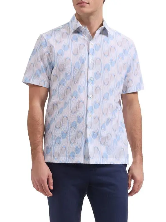 Bugatchi Vero Shaped Fit Geometric Print Short Sleeve Button-up Shirt - Hazy Blue