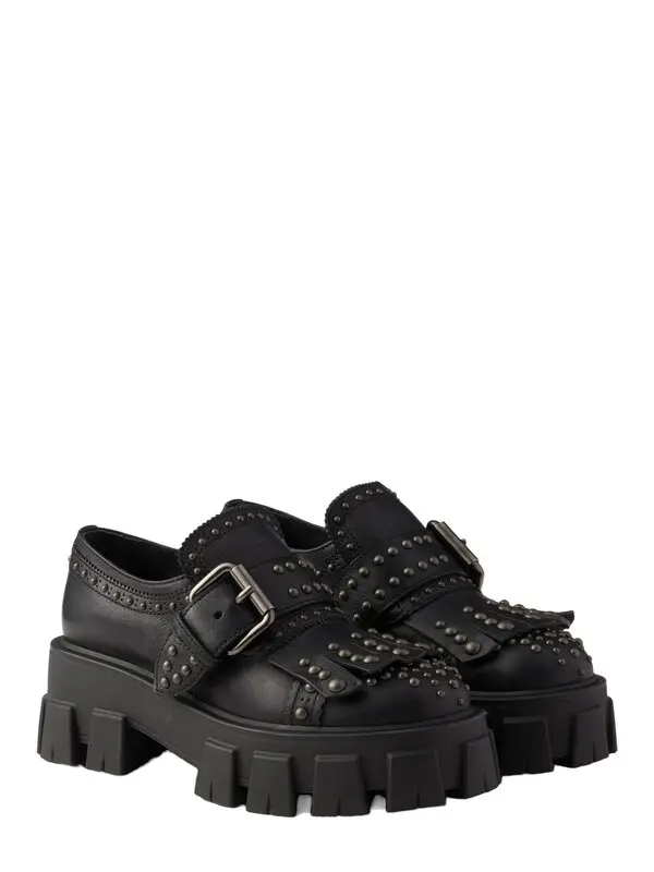 Prada Monolith Studded Leather Loafers - Black
