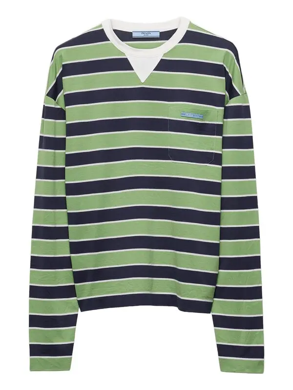 Prada Long-sleeved Striped Lisle Cotton T-shirt - Blue/fern Green